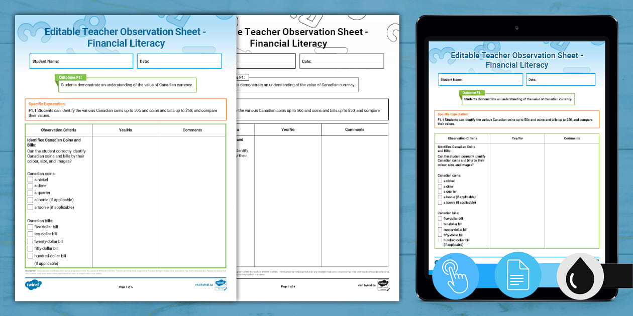 Grade 1 Financial Literacy Teacher Observation and Rubric