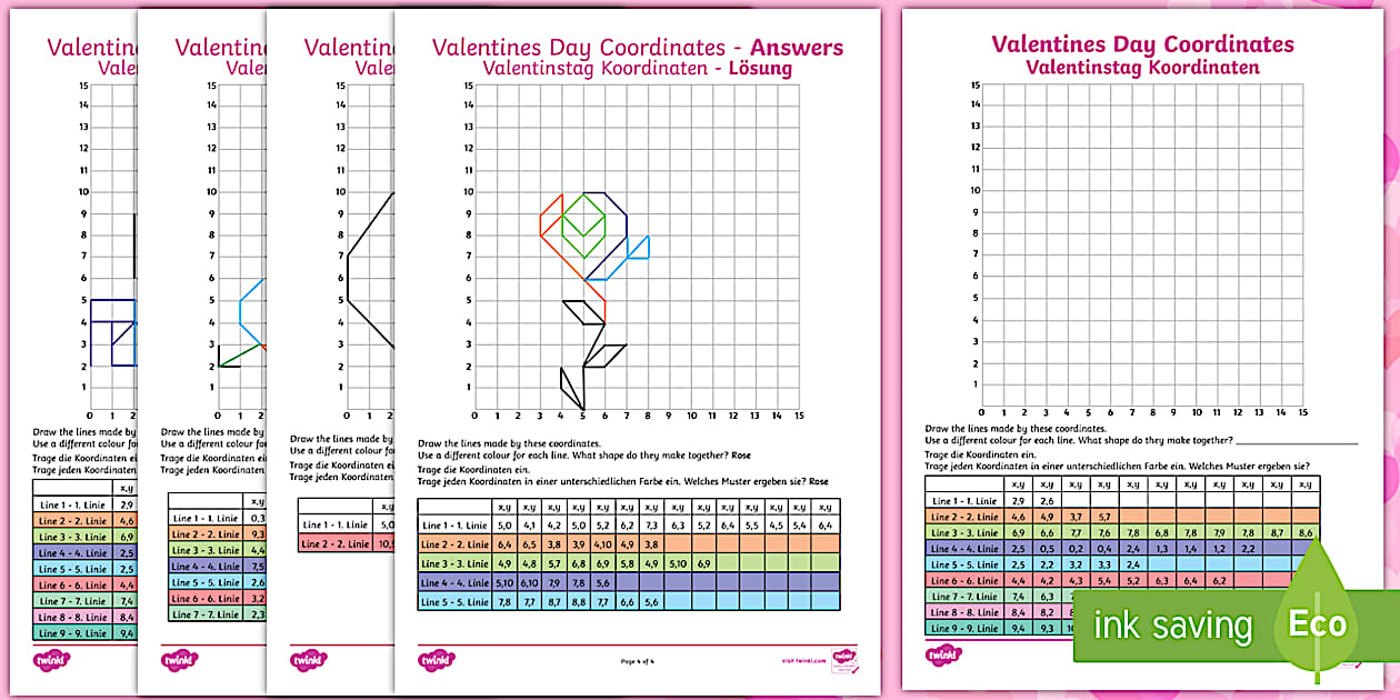KS2 Valentines Day Coordinates Worksheet / Worksheets English/German
