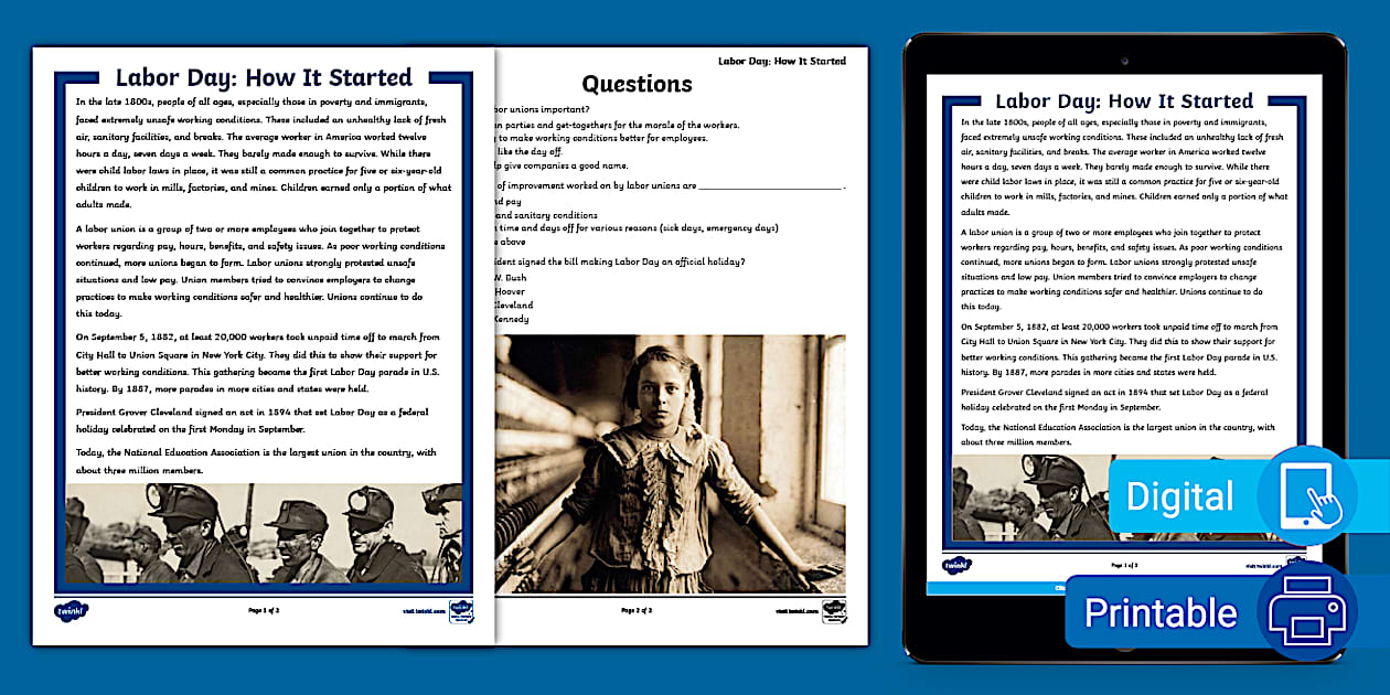 Eighth Grade Labor Day How It Started Reading Passage Comprehension ...