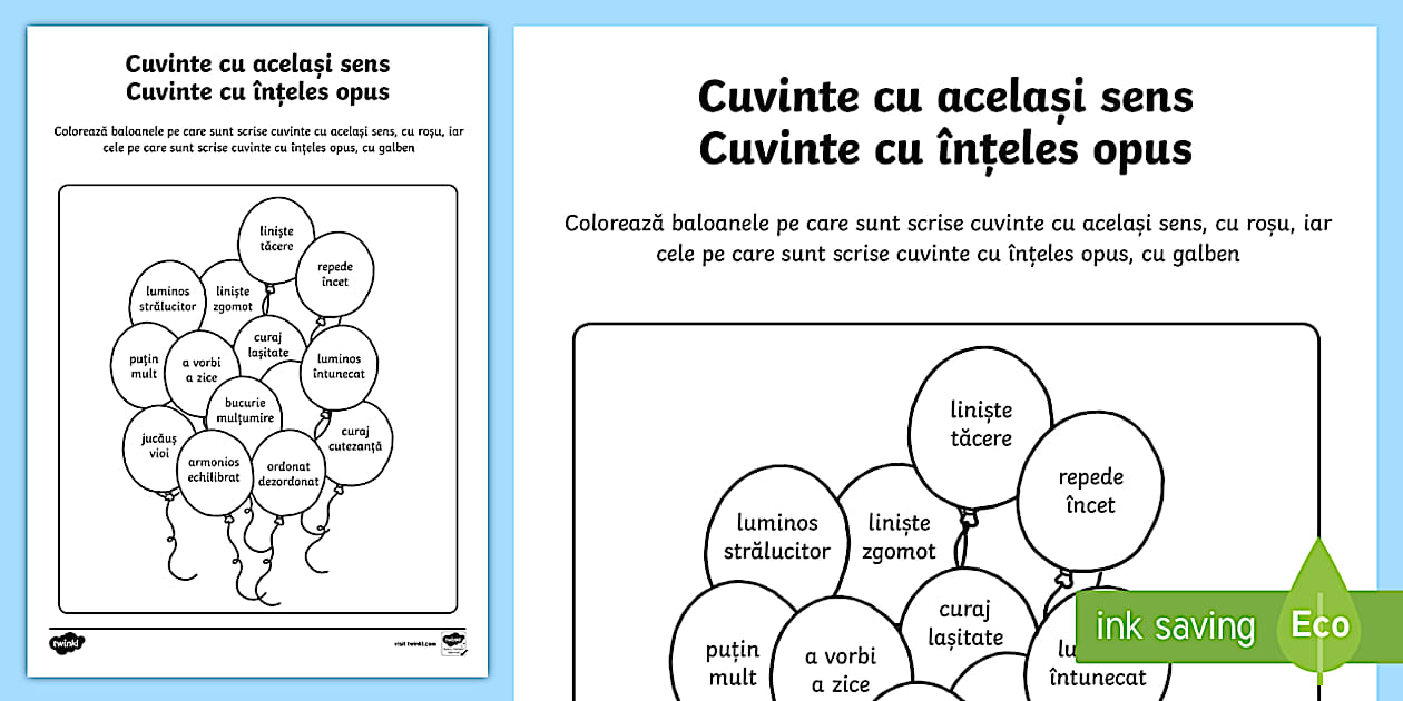Sinonime și antonime pe baloane - Fișă de lucru | Twinkl