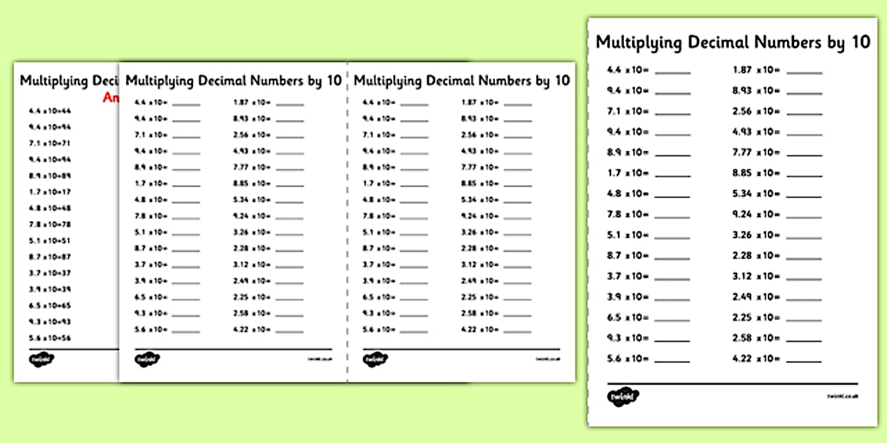 Multiplying Decimals by 10 Worksheet - A5 Worksheet - Twinkl