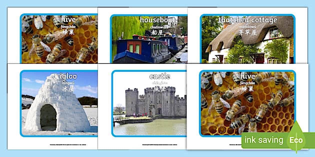 Homes and Shelters Display Photos - English/Mandarin Chinese/Pinyin