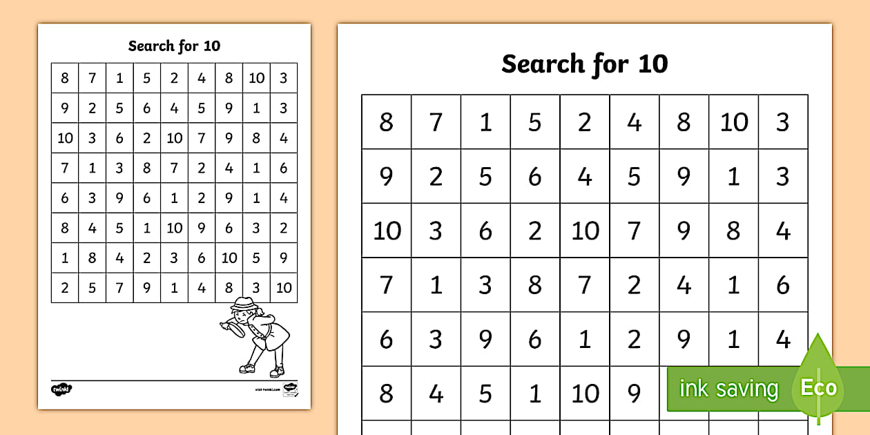 Number Recognition Search for 10 Worksheet (teacher made)