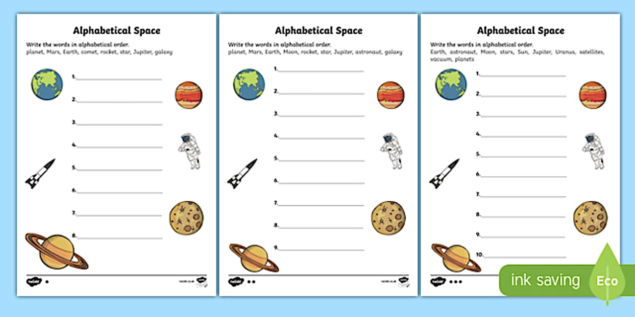 Higher Ability Space Alphabet Ordering Worksheet - Twinkl