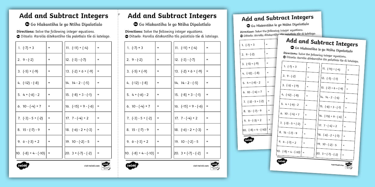 Seventh Grade Add and Subtract Integers – Sepedi - Twinkl