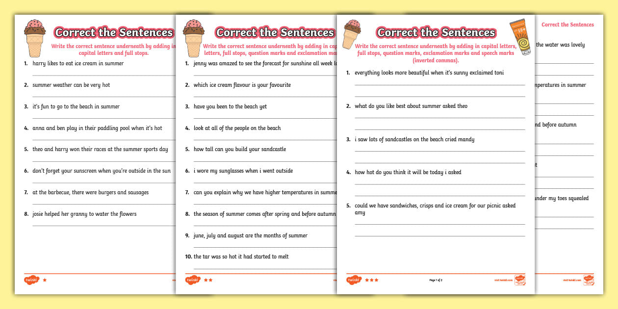 Correct the Sentences - Summer Activity Sheet - Twinkl