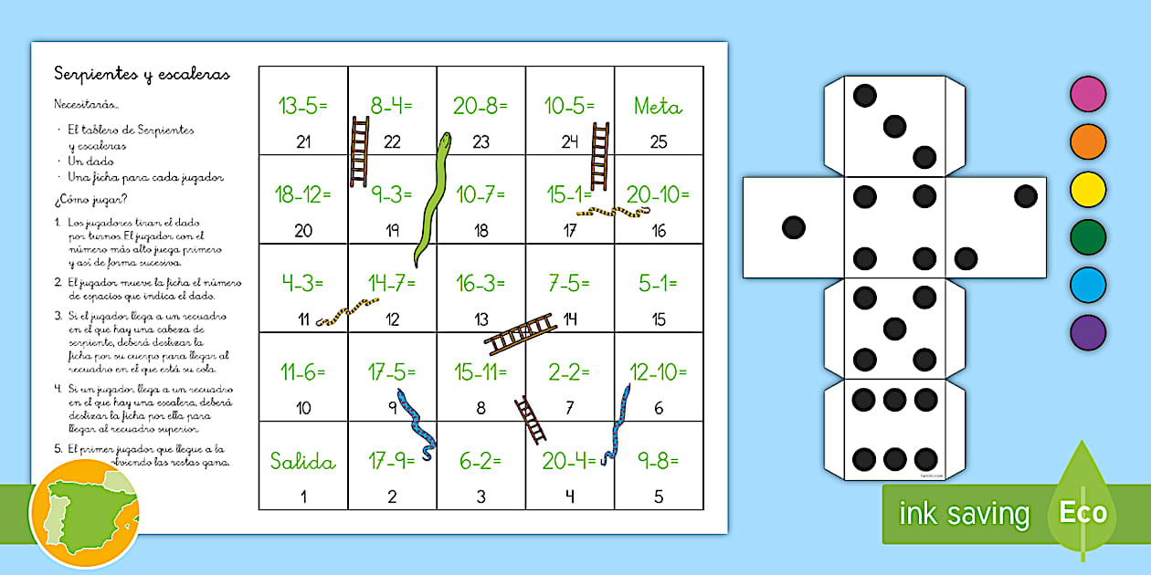 Juego: Serpientes y escaleras - Restas hasta 20 - Twinkl