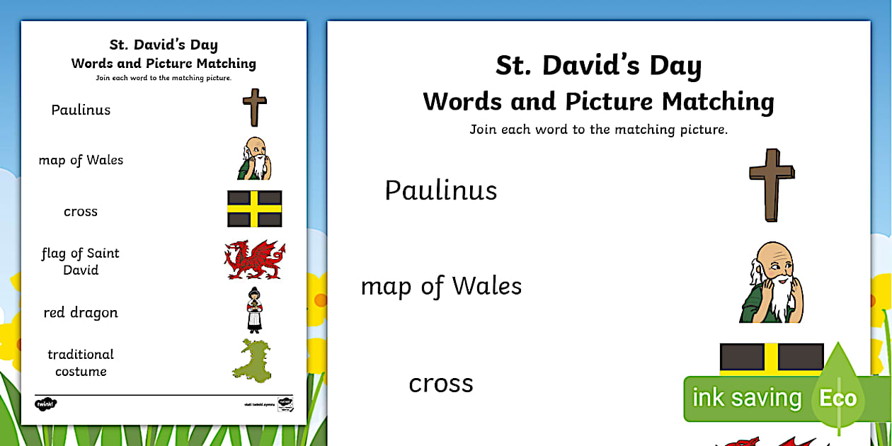 Saint David's Word and Picture Matching Worksheet - Twinkl