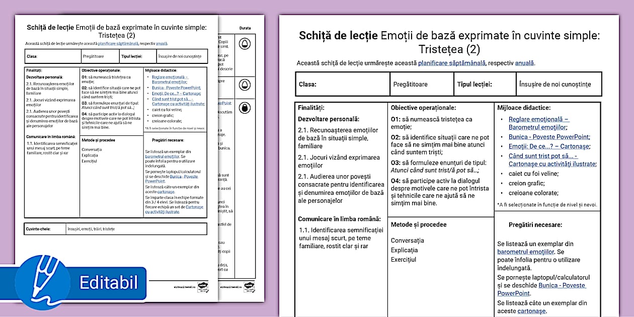 Emoții de bază: Tristețea Schiță de lecție cls. pregătitoare