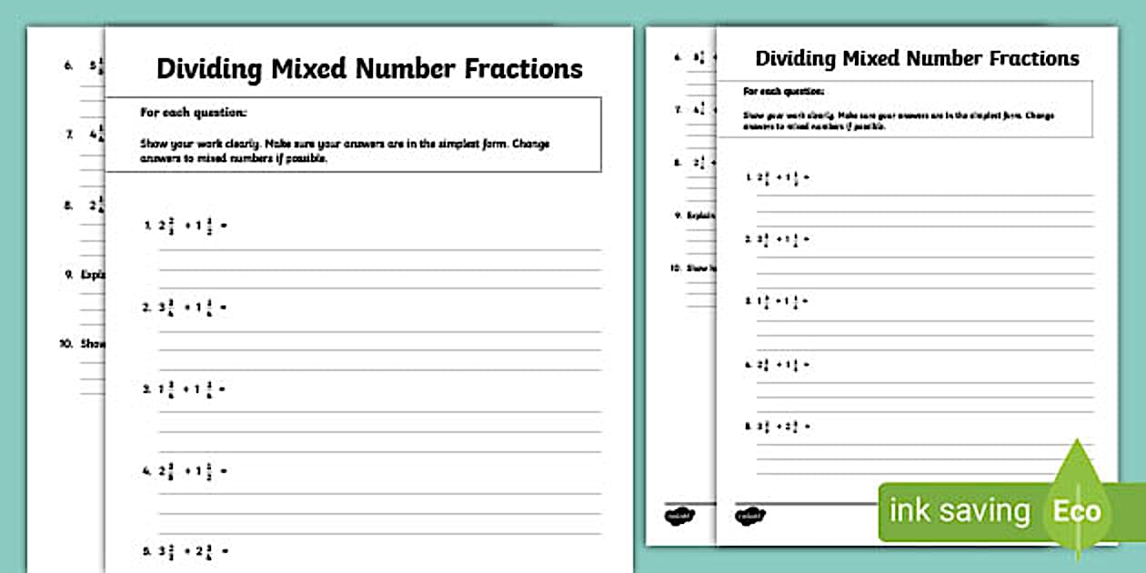 Dividing Mixed Fractions Worksheet for 6th-8th Grade