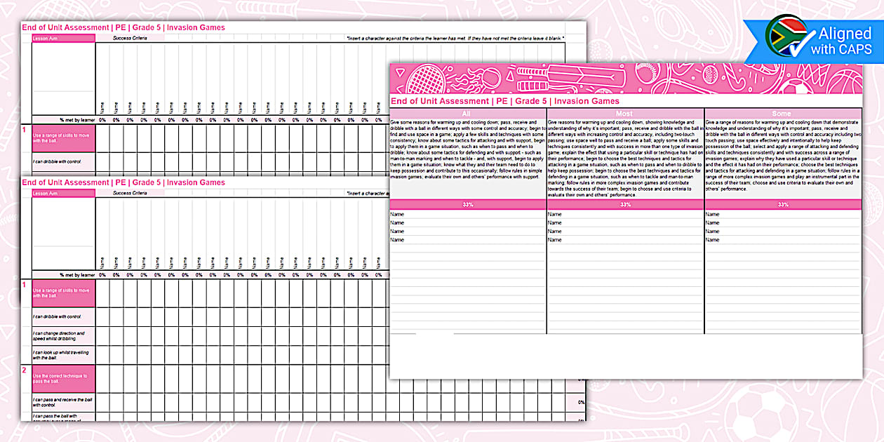 Grade 5 Physical Invasion Games Assessment Spreadsheet