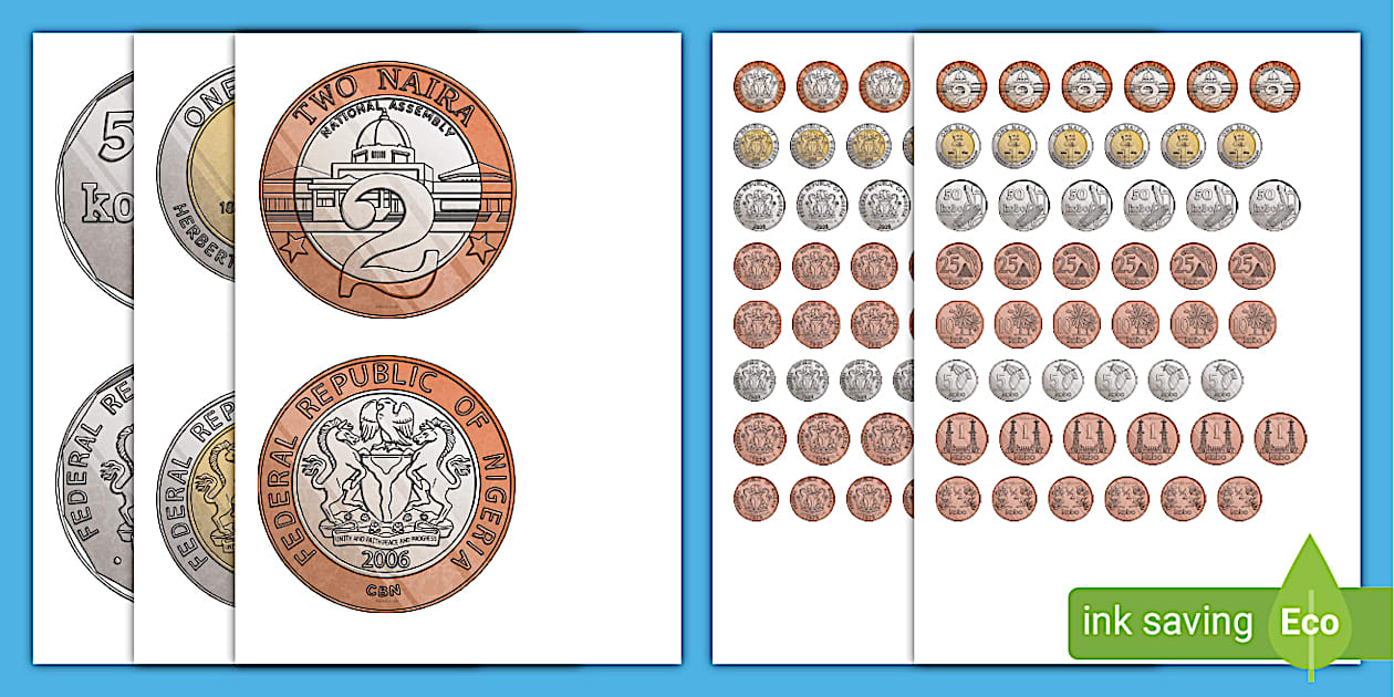 Money Values / Nigerian coins, Naira and Kobo coins cut out activity