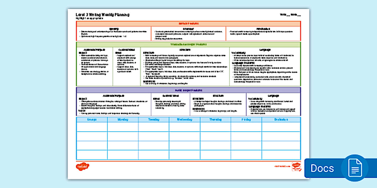 Editable New Zealand Level 3 Writing Weekly Plan - Twinkl