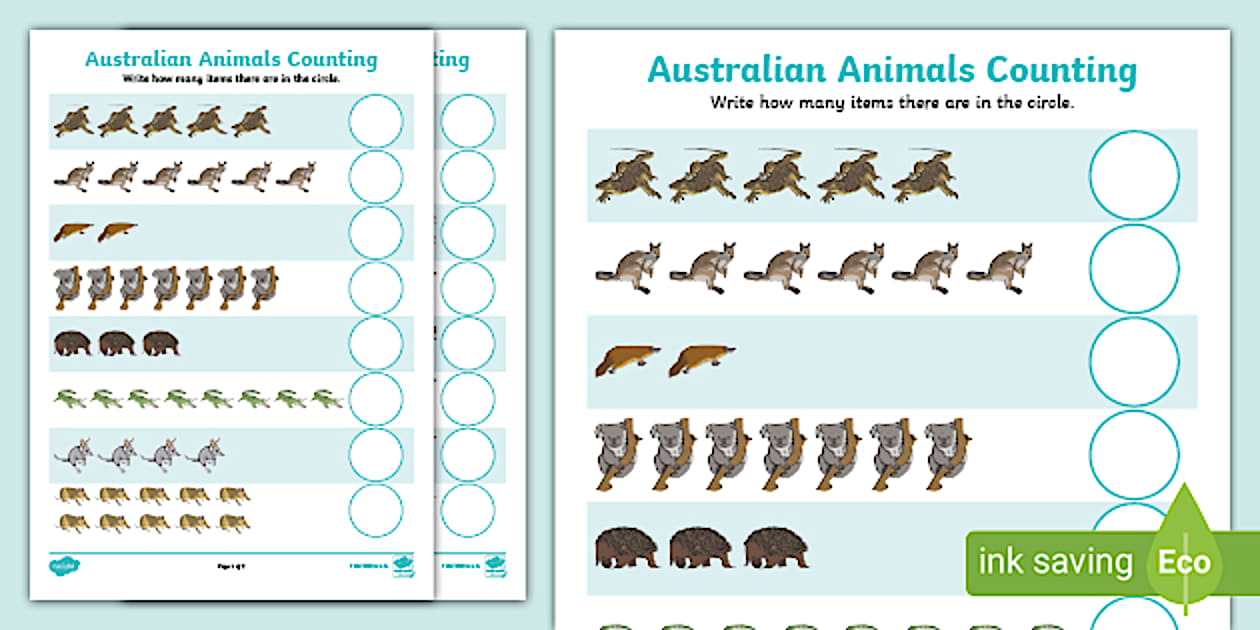 Black and White Australian Animals Counting up to 20 Worksheet