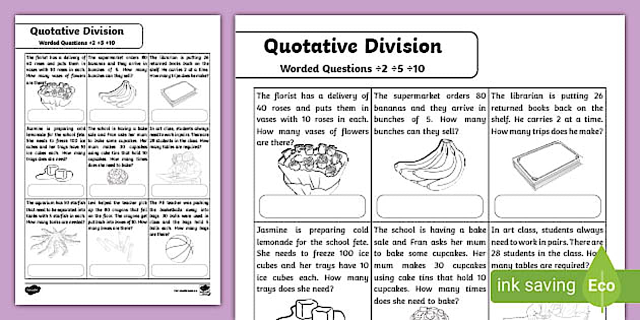 Quotative Division Worded Questions ÷2 ÷5 ÷10 - Twinkl