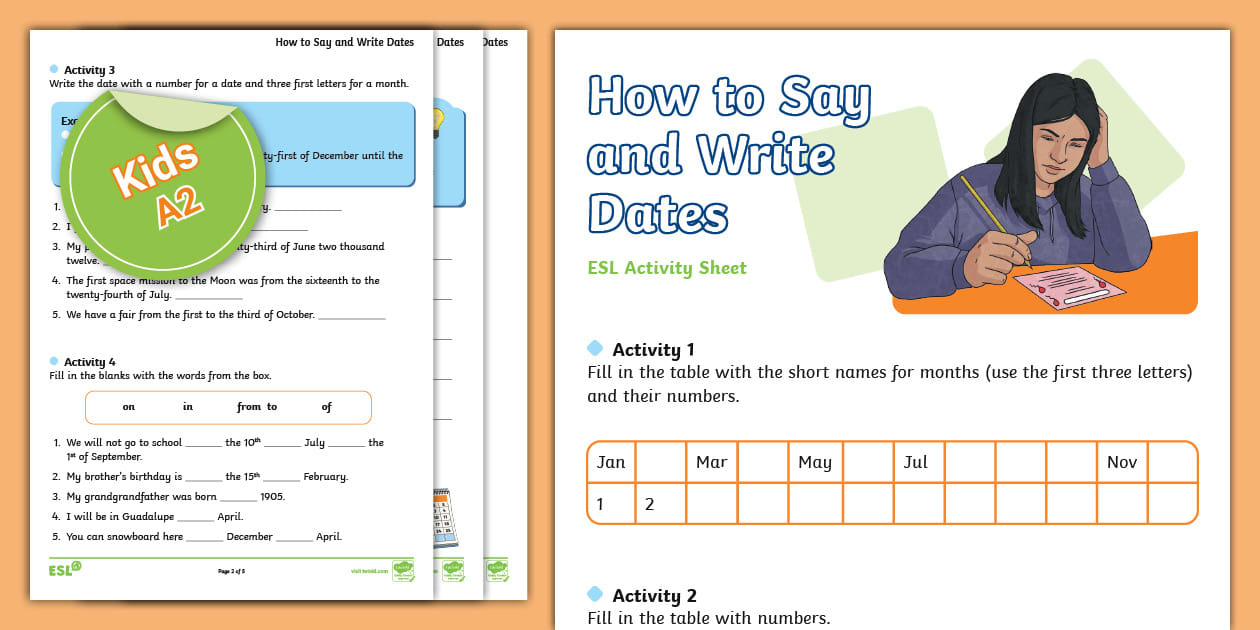 ESL How to Say and Write Dates Activity Sheet - Twinkl