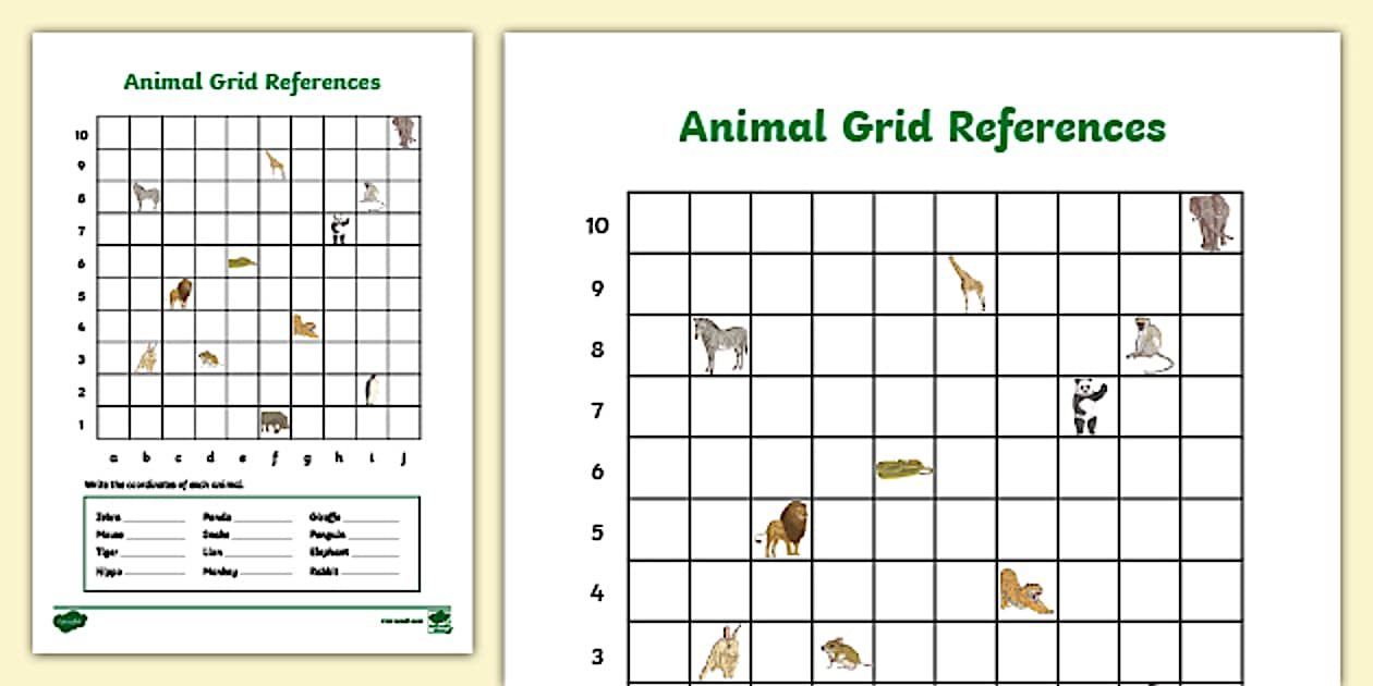 Animal Grid References Worksheet - Twinkl