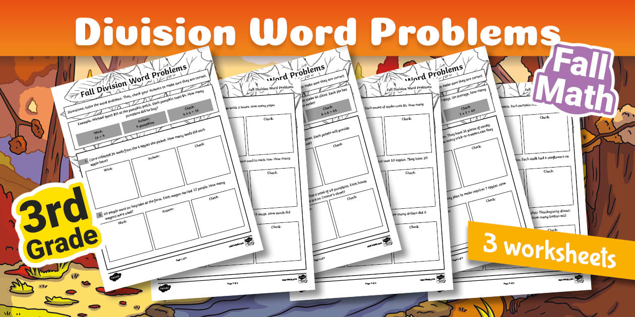 Third Grade Fall Division Word Problems Worksheets - Twinkl