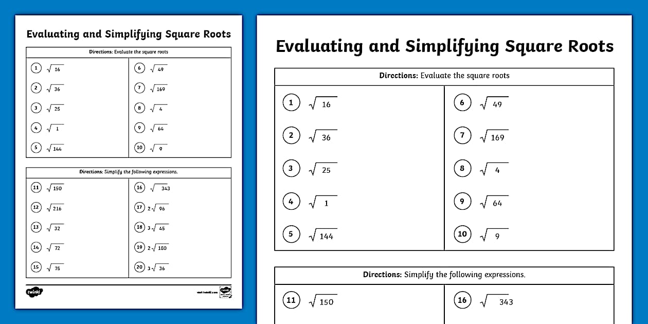Simplifying Square Roots Worksheet | Twinkl USA - Twinkl