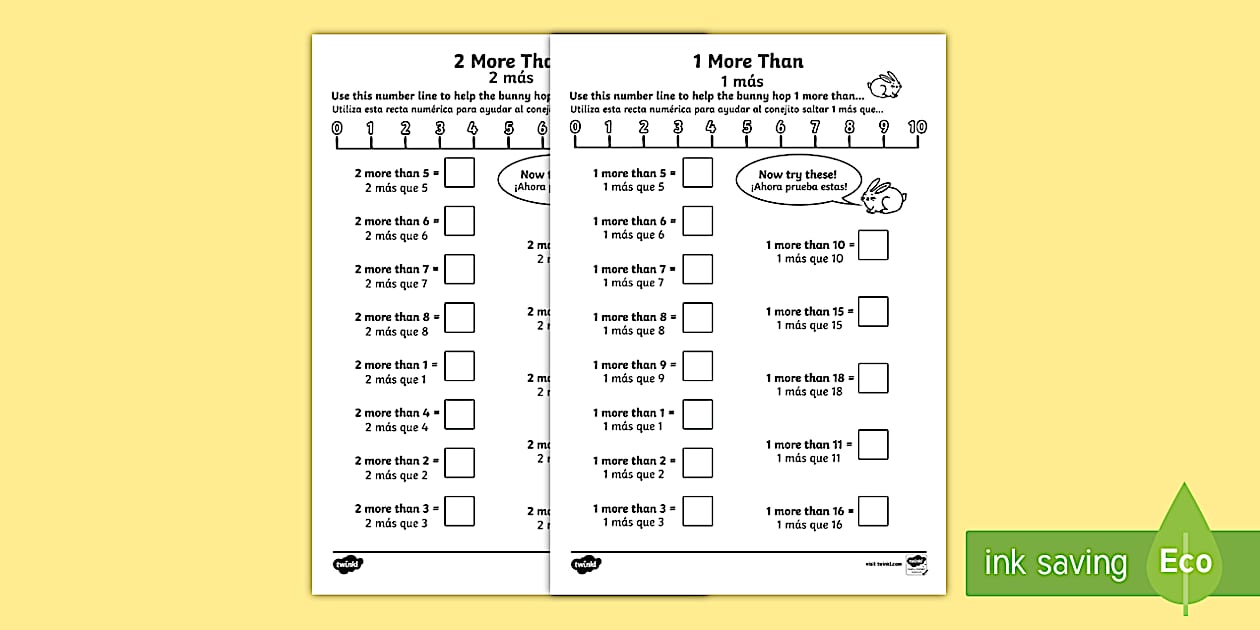 1 More and 2 More Worksheet / Worksheets English/Spanish