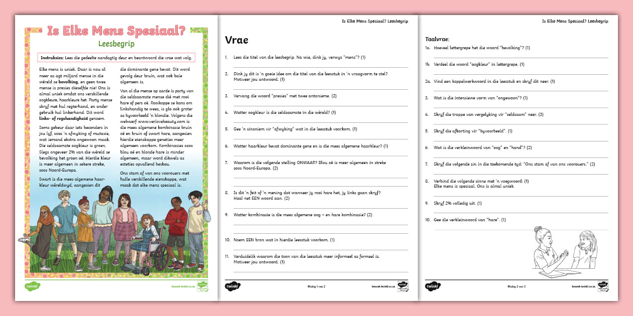 Is Ons Almal Spesiaal? Leesbegrip (teacher made) - Twinkl