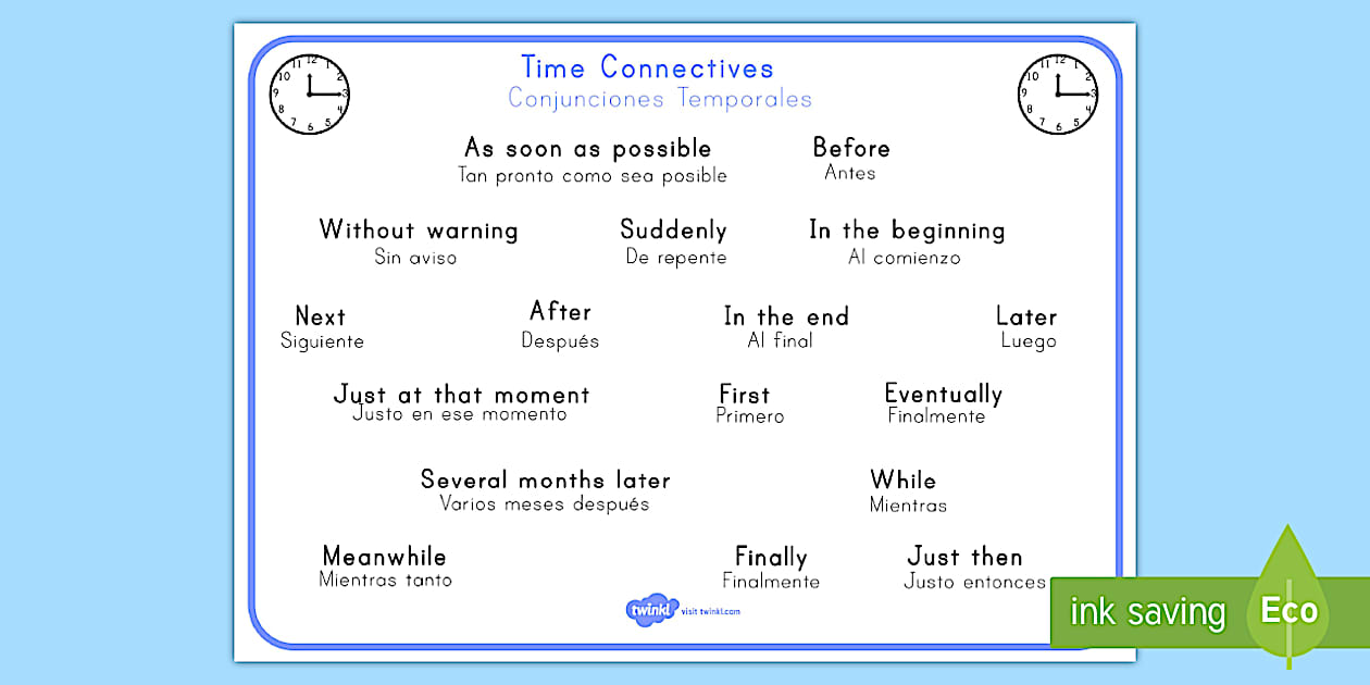 Time Conjunctions Word Mat English/Spanish - Time Conjunctions Word Mat