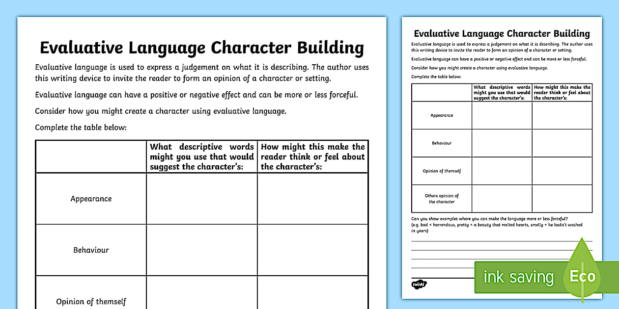 Evaluative Language Character Building Worksheet - Twinkl