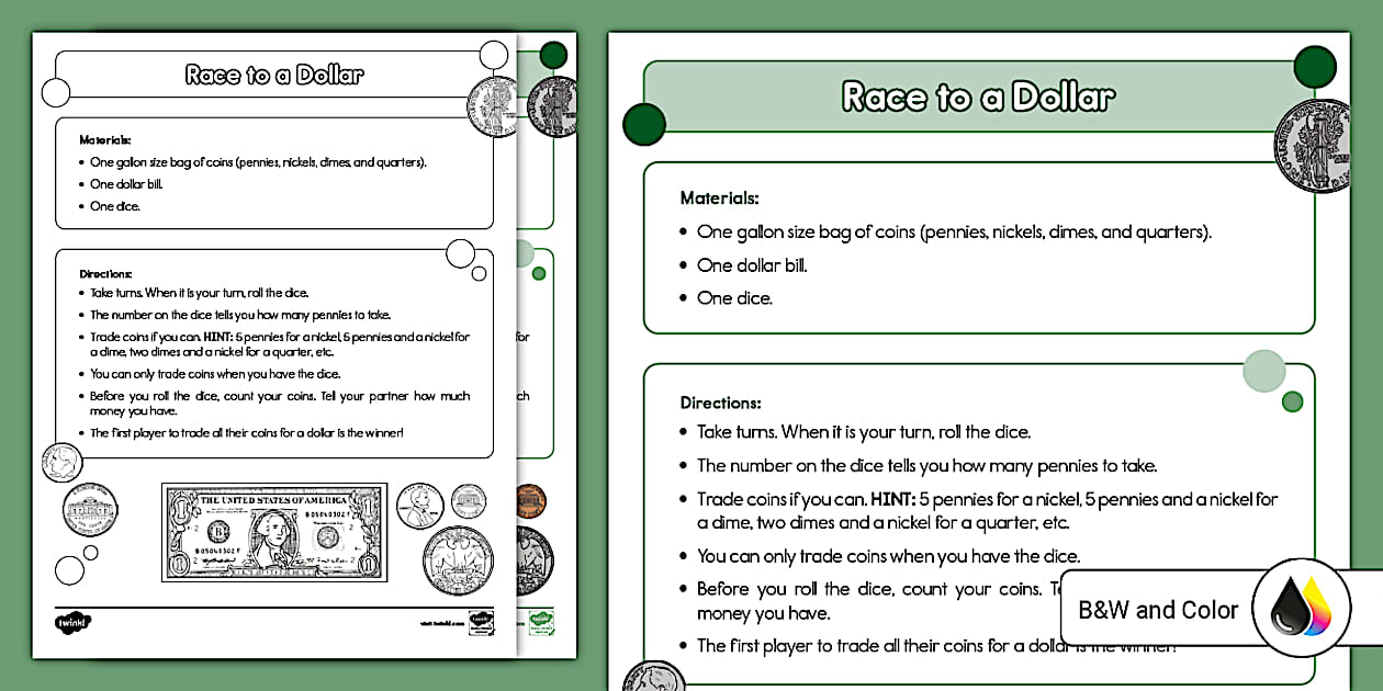 First Grade Race to a Dollar Money Exchange Game - Twinkl