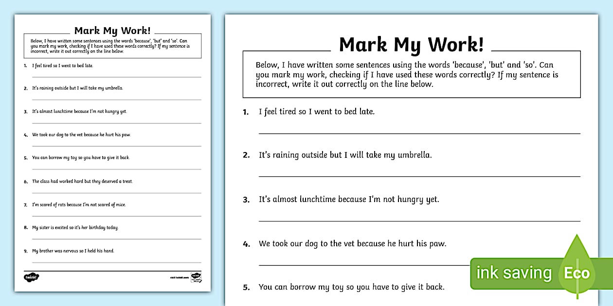 Mark My Work! Because, But or So? Activity (teacher made)
