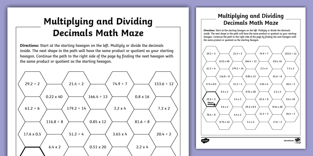Sixth Multiplying and Dividing Decimals Hexagon Math Maze