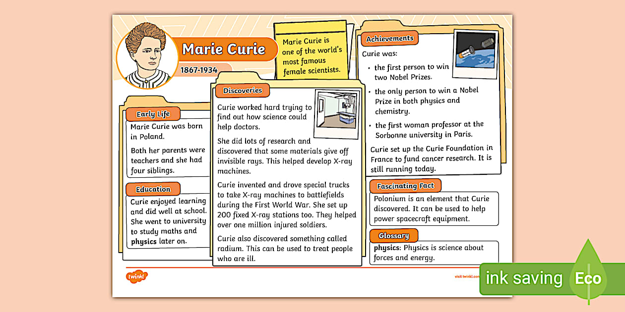 Marie Curie Fact Sheet KS1 | Significant People - Twinkl