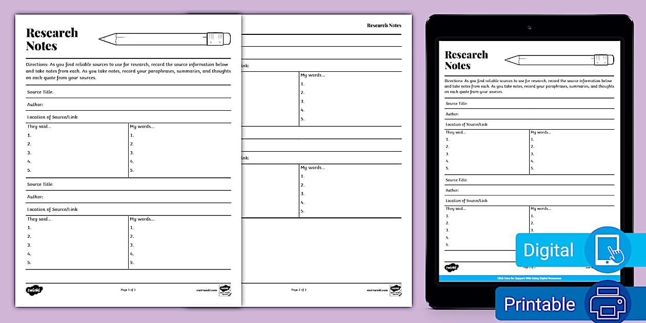 Research Notes Graphic Organizer for 6th-8th Grade - Twinkl