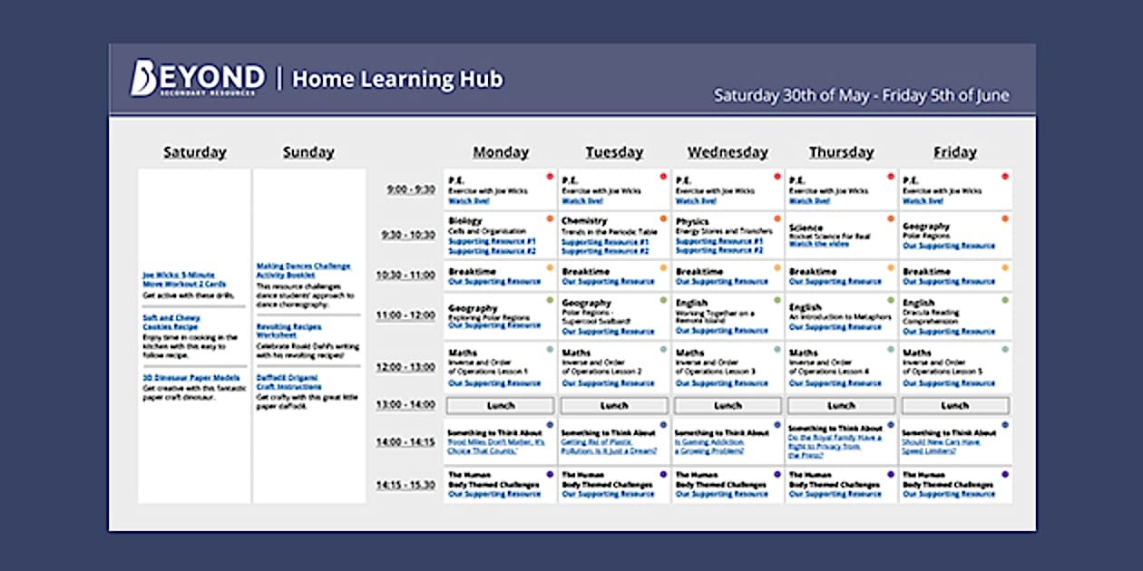 Beyond Home Learning Timetable 30th May to 5th June - Twinkl