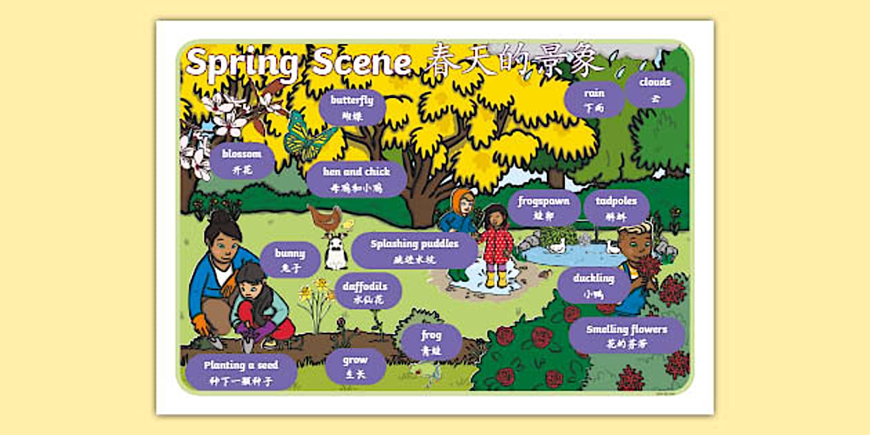 Spring Scene Word Mat English/Simplified Chinese - Twinkl