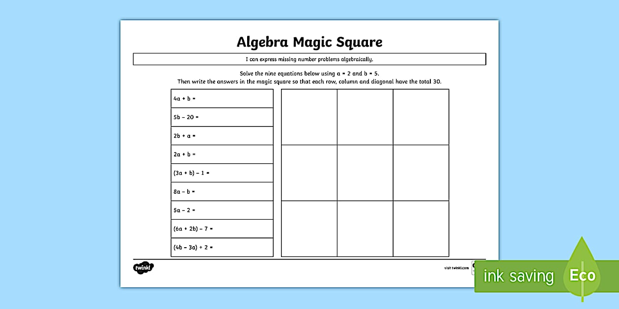 Algebra Magic Square Cut and Stick Worksheet PDF - Twinkl