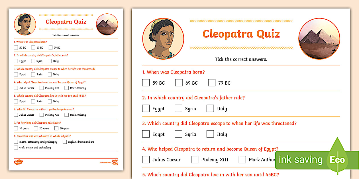 Cleopatra, Queen of Egypt Quiz (teacher made) - Twinkl