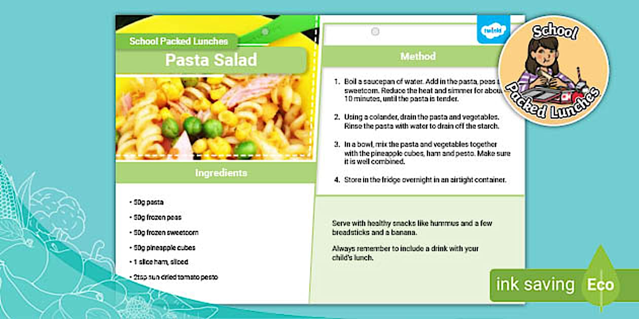 Pasta Salad Recipe - Healthy School Packed Lunch - Twinkl