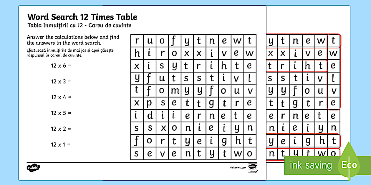 Multiplication 12 Times Tables Word Search Activiy Sheet English/Romanian