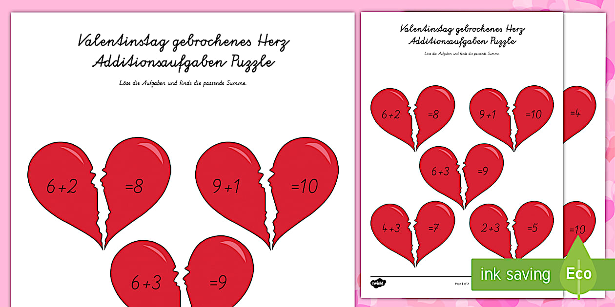 Black and White Valentinstag gebrochenes Herz Additionsaufgaben Puzzle