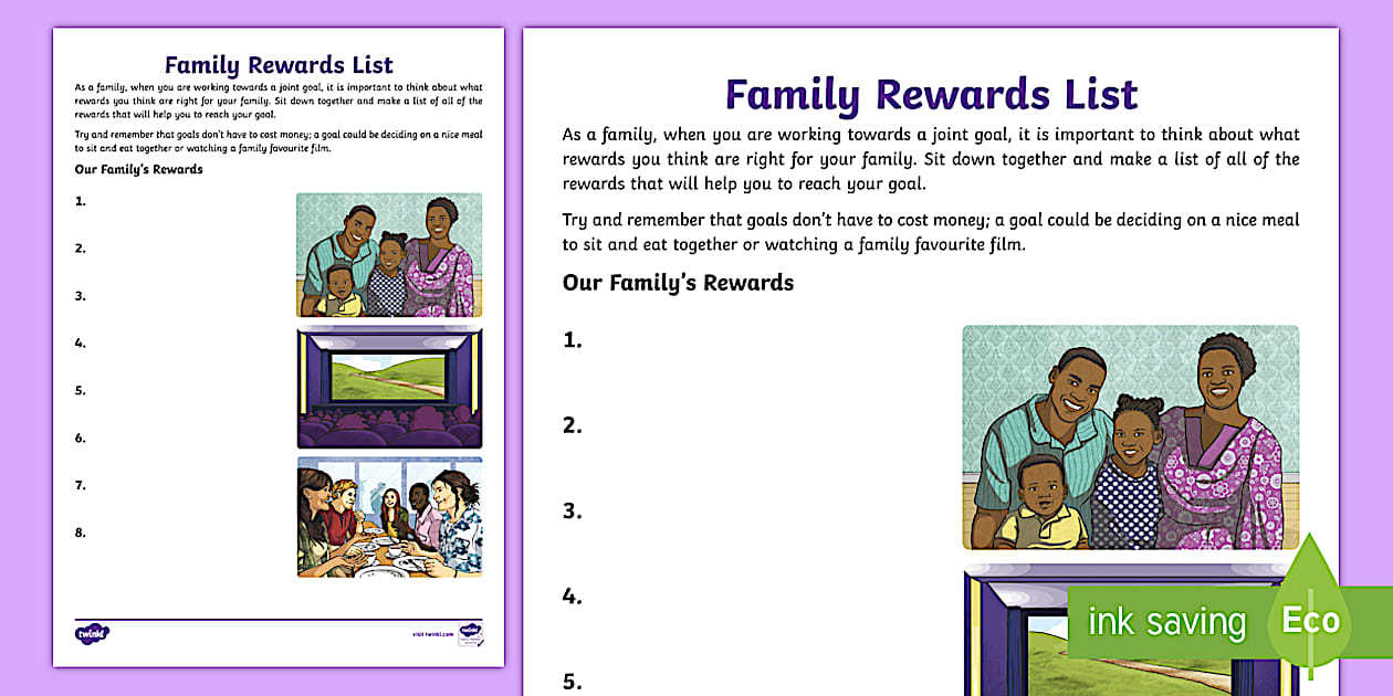Family Rewards List Worksheet - Twinkl