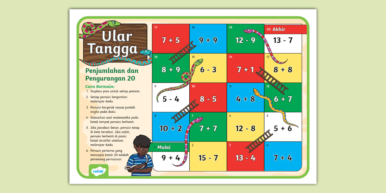Permainan Ular Tangga Penjumlahan dan Pengurangan Hingga 20