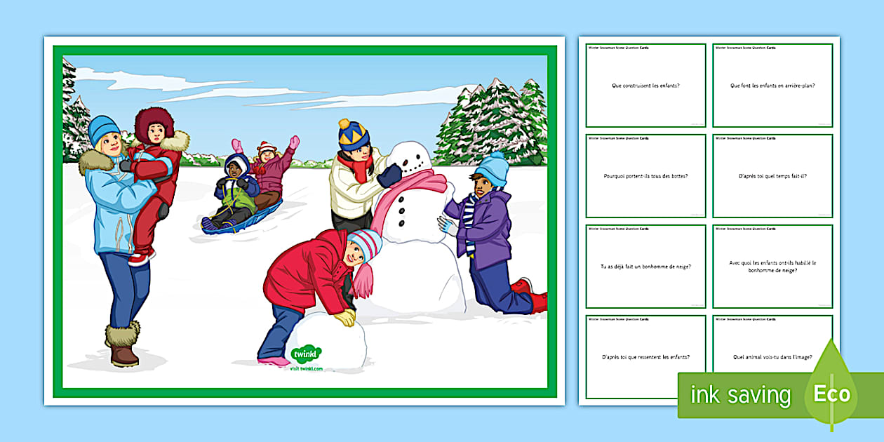 Winter Snowman Scene and Question Cards French - Twinkl