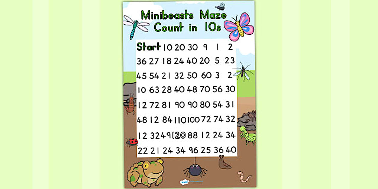 Minibeasts Cute Counting in 10s Maze Worksheet - counting aid