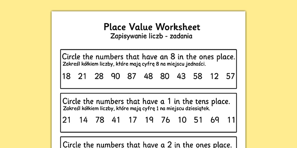 Lower Ability Place Value Worksheet 2 Digits Polish Translation