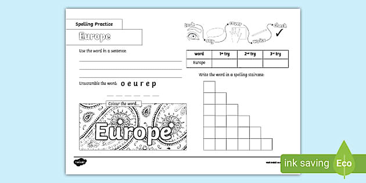 Europe Spelling Practice Worksheet (teacher made) - Twinkl