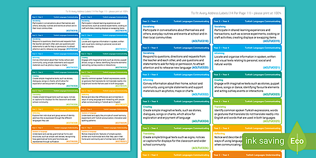 Australian Curriculum Turkish 3-4 Learning Outcomes Stickers