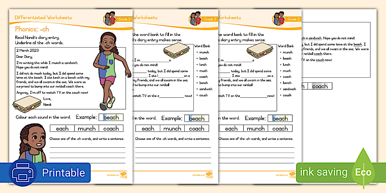 Grade 2 Phonics: -ch Differentiated Worksheets