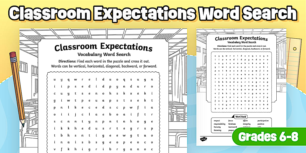 Classroom Expectations Word Search for 6th-8th Grade