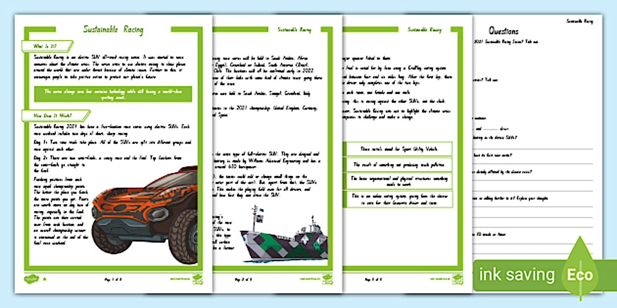 Sustainable Racing - Reading Comprehension (teacher made)