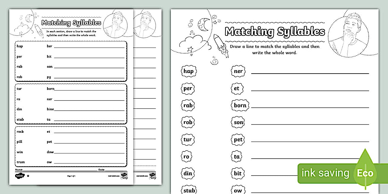 Syllables Worksheet – Match the Syllables – KS1 Resource